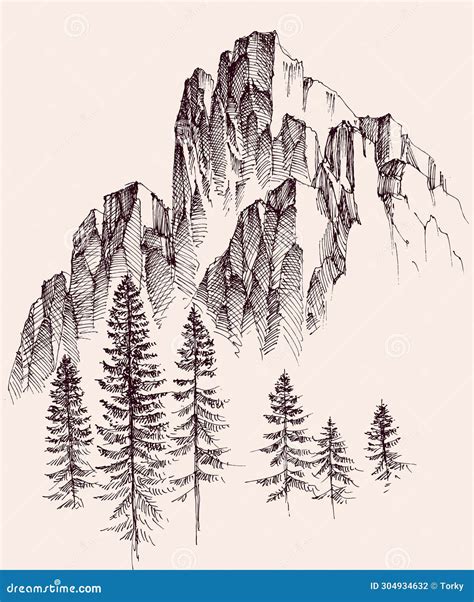 Mountains Ranges Pine Trees Forest Drawing Stock Illustration Illustration Of Alpine Pure