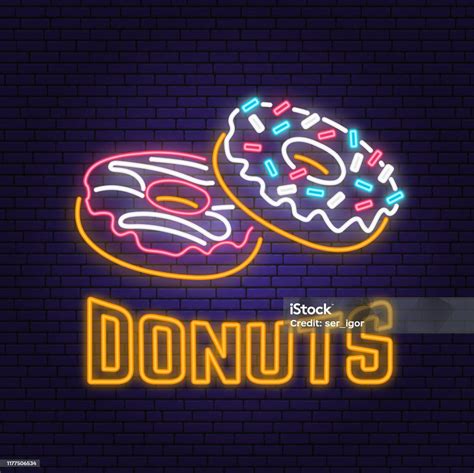 벽돌 벽 배경에 네온 도넛 복고풍 기호입니다 카페 레스토랑을 위한 디자인 벡터 술집 이나 패스트 푸드 사업을위한 네온 디자인 표시등 배너 유리 튜브 네온에 대한 스톡 벡터