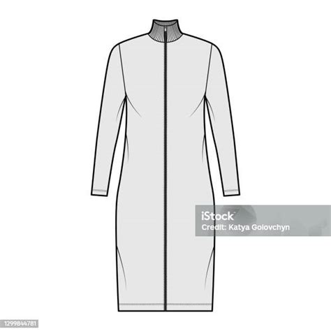터틀넥 지퍼업 드레스 긴 소매 무릎 길이 오버사이즈 바디 펜슬 풀 0명에 대한 스톡 벡터 아트 및 기타 이미지 0명 검은색
