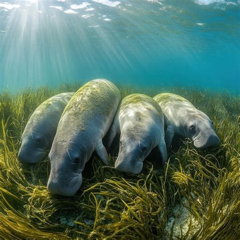 Group Of Manatees Grazing In Shallow Seagrass Premium Ai Generated Image