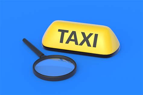 돋보기 근처 노란색 택시 표지판 캐리어 검색 여객 운송 시장의 연구 서비스 품질을 확인합니다 주차장의 전문 지식 3d 렌더 3