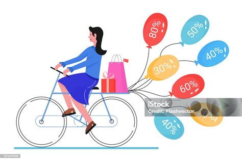 할인 판매 벡터 일러스트레이션 만화 플랫 해피 숍홀릭 여성 캐릭터 풍선으로 자전거를 타고 쇼핑백 기프트 박스 를 구입 세일에 대한 스톡 벡터 아트 및 기타 이미지 Istock