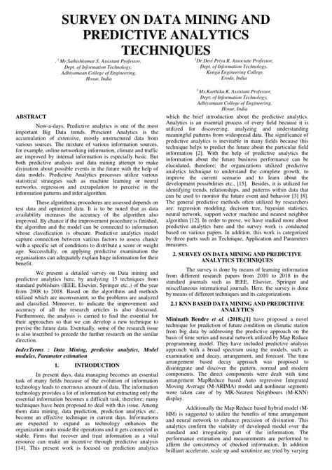 Pdf Survey On Data Mining And Predictive Analytics Techniques