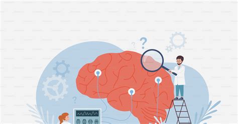 신경과 전문의 또는 신경 과학자들은 인간의 두뇌 흰색 배경에 격리 된 평면 만화 벡터 일러스트레이션을 연구합니다 신경학 및 뇌파 검사 배너 벡터 Unsplash의