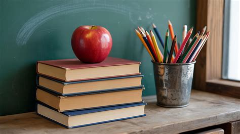 Red Apple On Books Near Pencils And Chalkboard Back To School 69115487