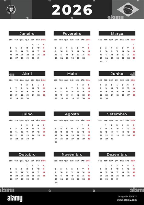 Portuguese Calendar Template For 2026 Year With Monday Start Stock