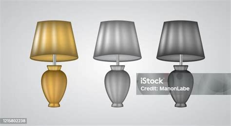 세 금속 테이블 3d 패브릭 램프 음영 전기 조명 세트 흰색 배경에 고립 된 현대적인 로프트 인테리어 디자인 전구 조명이있는