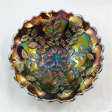 Fenton Cobalt Blue Holly Carnival Glass Round Bowl Carnival Glass