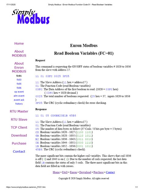 Simply Modbus Enron Modbus Function Code 01 Read Boolean Variables