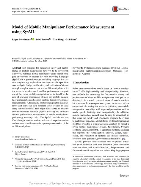 Model Of Mobile Manipulator Performance Measurement Using Sysml Request Pdf