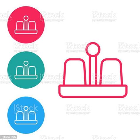 흰색 배경에 격리 된 빨간색 줄 소금과 후추 아이콘 향신료를 요리합니다 원 버튼에 아이콘을 설정합니다 벡터 누름 버튼에 대한