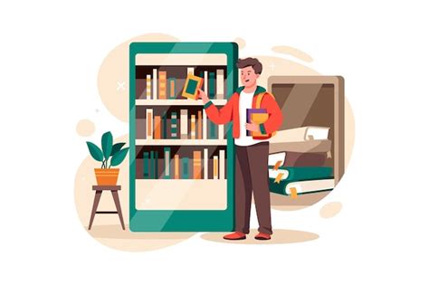 Étudiant Utilisant La Bibliothèque Numérique Vecteur Premium