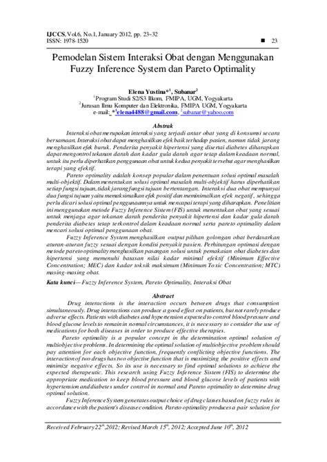Pdf Pemodelan Sistem Interaksi Obat Dengan Menggunakan Fuzzy Inference System Dan Pareto