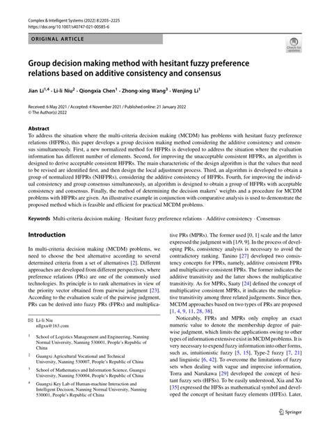 Pdf Group Decision Making Method With Hesitant Fuzzy Preference