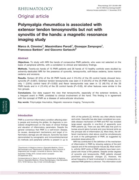 Pdf Polymyalgia Rheumatica Is Associated With Extensor Tendon