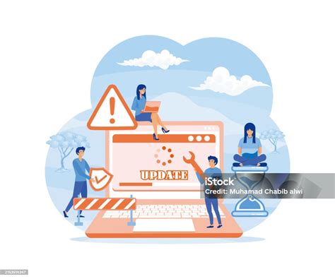 시스템 업데이트 운영 체제를 업그레이드하는 작은 프로그래머 기술적 오류 및 서비스 업데이트 진행률 표시줄이 있는 컴퓨터 노트북