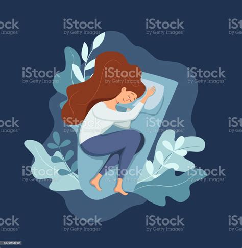 여자는 밤 벡터 일러스트에서 침대에서 자고 침실에서 달콤한 꿈을 가진 잠옷에 소녀 잠자기에 대한 스톡 벡터 아트 및 기타 이미지 잠자기 침실용 탁자 가정의 방