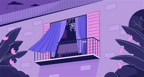 열린 창문에서 바람이 부는 커튼 진정 Lo Fi 배경 발코니 2d 벡터 만화 외부 그림 보라색 Lofi 벽지 데스크탑 일몰 미학 90년대 복고풍 예술 꿈꾸는 듯한 느낌