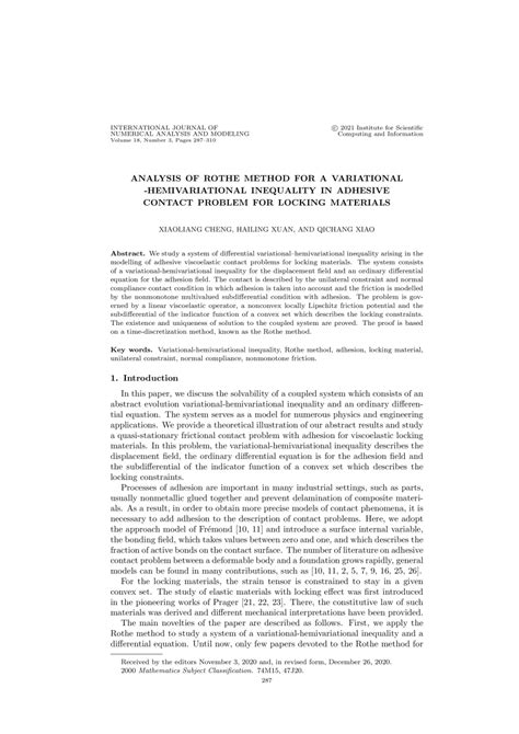 Global Science Press Analysis Of Rothe Method For A Variational Hemivariational Inequality In