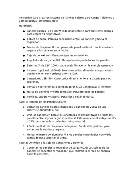 Instructivo Para Crear Un Sistema De Paneles Solares Para Cargar Teléfonos O Computadoras Pdf