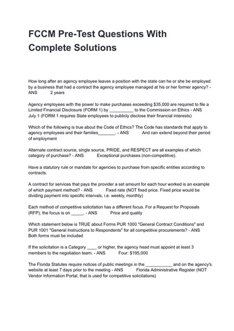 Fccm Pre Test Questions With Complete Solutions Fccm Stuvia Us