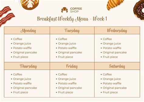Weekly Cycle Menu Template For Coffee Shop