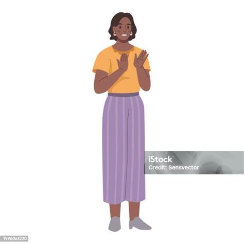 박수를 치는 여자는 손뼉을 치고 축하하고 제스처를 지원한다 행복한 소녀 인사 박수와 박수 손뼉으로 환호 존경과 감사 바디 랭귀지 제스처 인사하기에 대한 스톡 벡터 아트 및