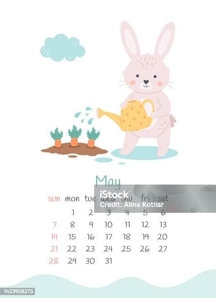 할 수있다 2023 달력 귀여운 토끼는 당근을 재배합니다 토끼의 해 2023 년의 토끼 상징 주가 일요일에 시작됩니다 벡터 일러스트 레이 션 토끼에 대한 스톡 벡터 아트 및