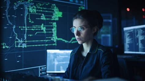 Premium Photo Generative Ai And A Female Programmer Working In A Monitoring Control Room