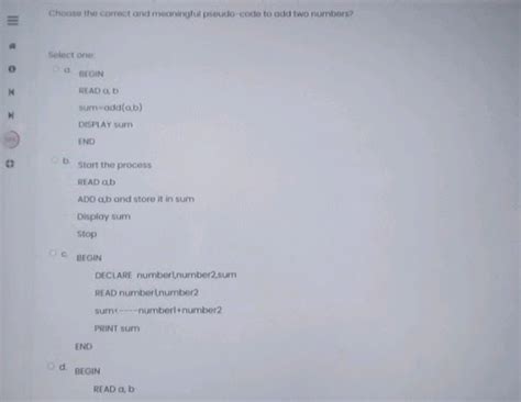 Choose The Correct And Meaninglul Pseudo Code To Odd Two Numbersselect