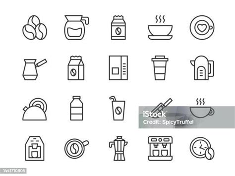 커피와 찻잔 라인 아이콘입니다 뜨거운 음료 음식 카페 윤곽선 획 머그잔에 카페인 음료를 위한 기계 상점 가방 콩 또는 잎 카페테리아 로고 테이크 아웃 유리 벡터 픽토그램