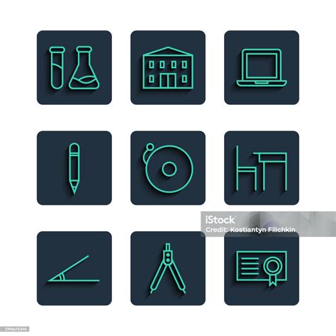 선 예각 그림 나침반 인증서 템플릿 노트북 울리는 알람 벨 지우개가 있는 연필 시험관 및 플라스크 학교 테이블 의자 아이콘을 설정합니다 벡터 0명에 대한 스톡 벡터 아트 및