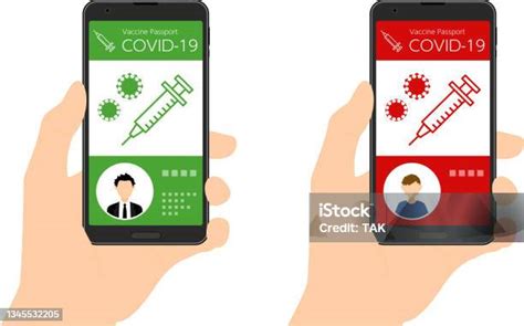 백신 여권 스마트 폰 응용 프로그램은 코로나 바이러스 예방 접종을 증명하기 위해 손으로 사진과 함께 보여주는 Brand Name