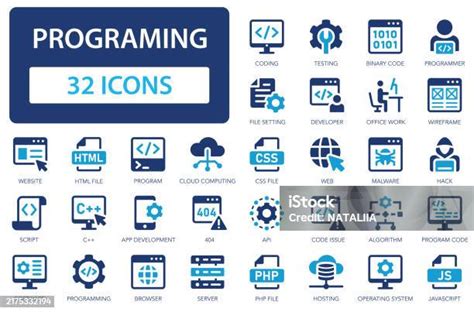 프로그래밍 및 코딩 아이콘 세트 개발자 코드 소프트웨어 웹사이트 클라우드 웹 개발 이진법에 대한 스톡 벡터 아트 및 기타 이미지