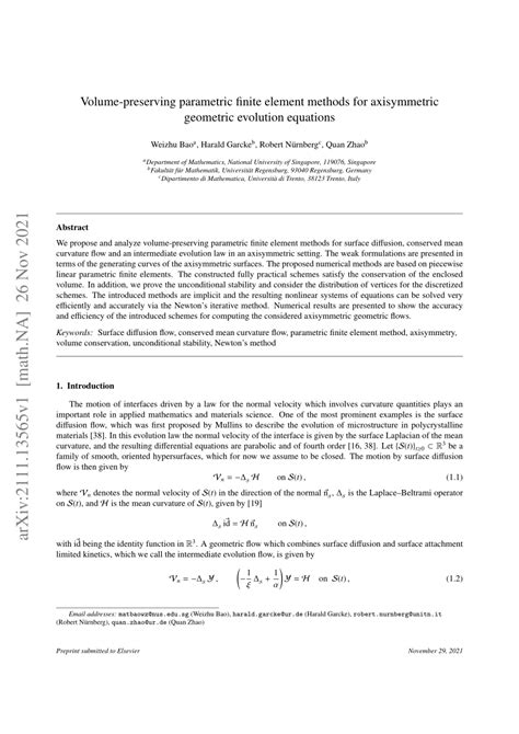 pdf volume preserving parametric finite element methods for