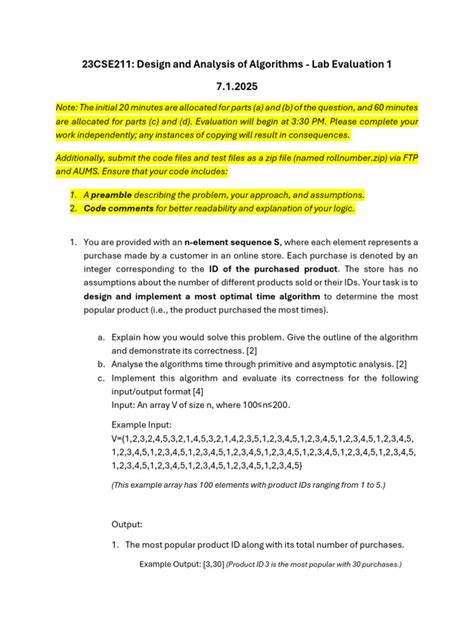 23cse211 Design And Analysis Of Algorithms Lab Evaluation 1 Pdf Time Complexity Algorithms