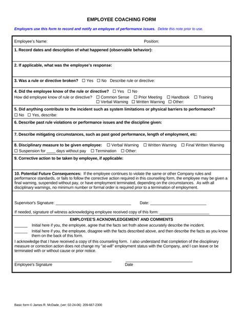 Employee Coaching Form Template Free Free Printables