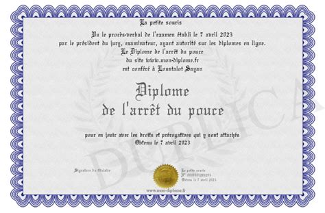 Diplome De Larret Du Pouce