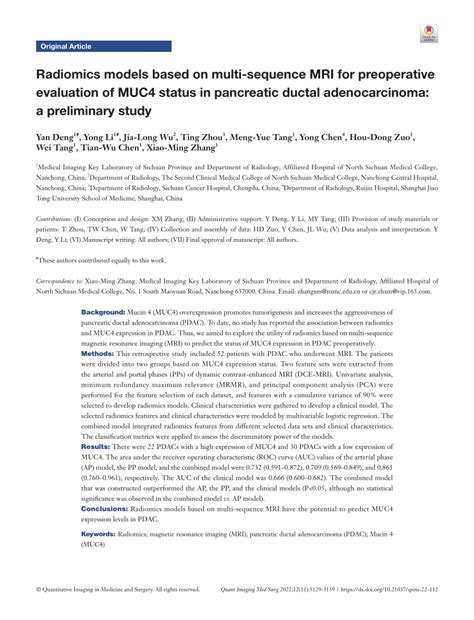 Pdf Radiomics Models Based On Multi Sequence Mri For Preoperative Evaluation Of Muc4 Status In