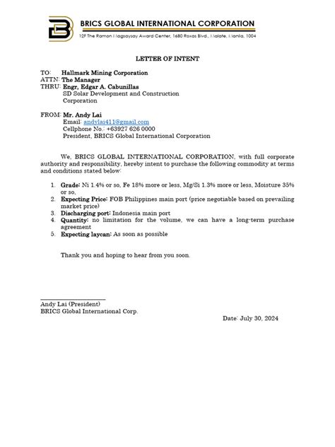 Letter Of Intent Hallmark Mining Corp Pdf