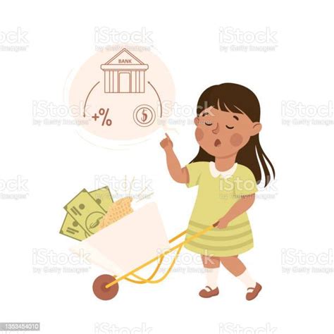동전과 지폐와 수레를 밀어 어린 소녀 경제 교육 및 금융 문해력 학습 저장 및 투자 돈 벡터 일러스트에 종사 경제에 대한 스톡 벡터 아트 및 기타 이미지 Istock