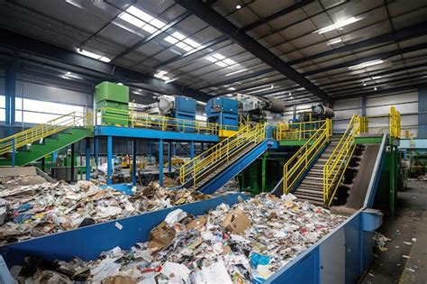 공장 내 쓰레기로 가득 찬 컨베이어 벨트 쓰레기 및 생활 쓰레기 처리 및 분류 공장 폐기물 처리 및 재활용 생태 자원의 2차 이용 프리미엄 사진