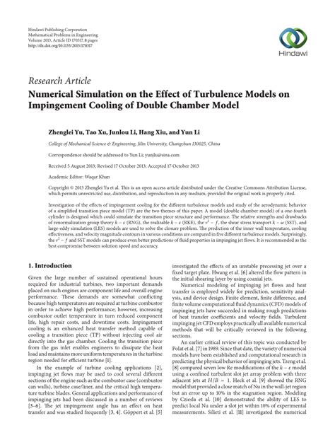 Pdf Numerical Simulation On The Effect Of Turbulence Models On Impingement Cooling Of Double