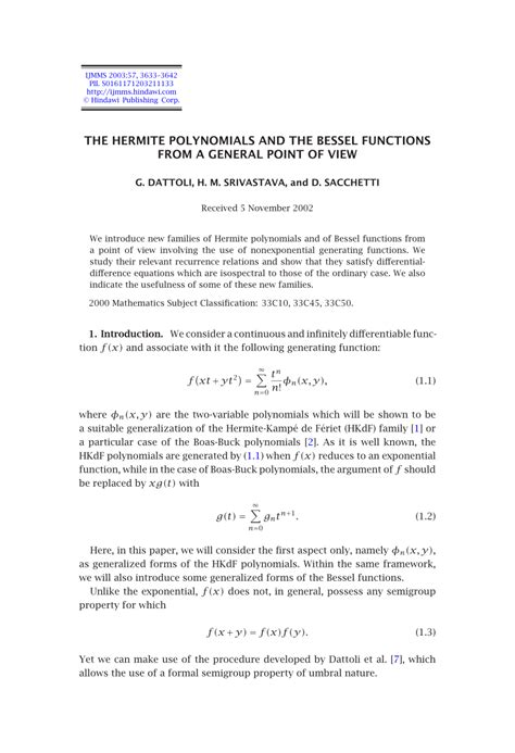 Pdf Generalised Forms Of Bessel Functions And Hermite Polynomials