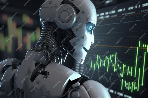 주식 시장 거래 데이터를 분석하기 위해 인공 지능을 사용하는 휴머노이드 로봇 Generative Ai 프리미엄 사진