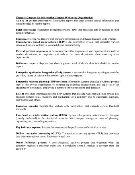 Glossary Is Final Exam Summary Information Systems Glossary Chapter 10 Information Systems