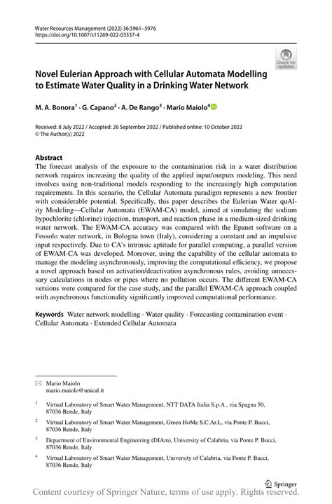 Pdf Novel Eulerian Approach With Cellular Automata Modelling To Estimate Water Quality In A