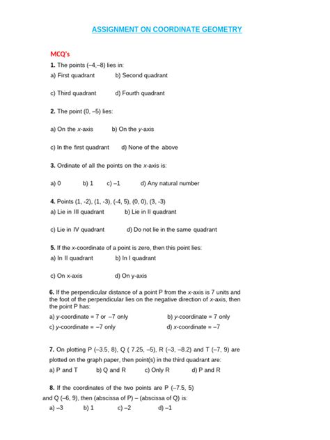 Assignment On Coordinate Geometry Pdf Cartesian Coordinate System