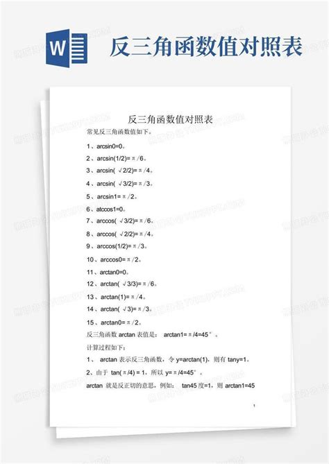 反三角函数值对照表word模板下载 编号lowbbnkd 熊猫办公