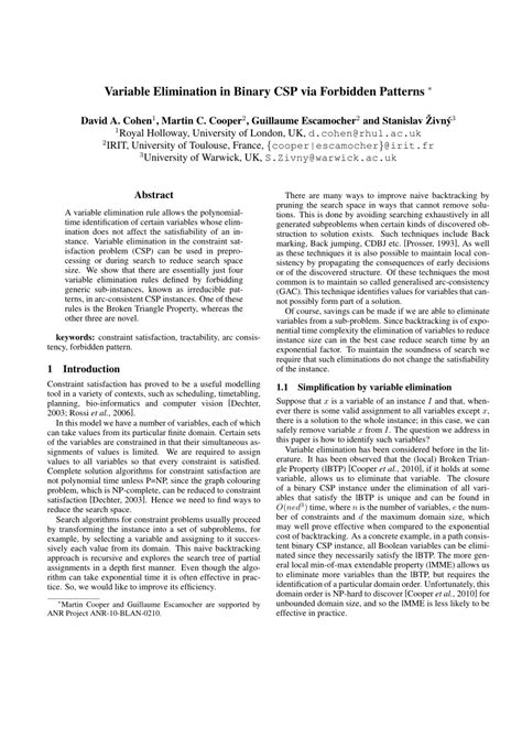 Pdf Variable Elimination In Binary Csp Via Forbidden Patterns